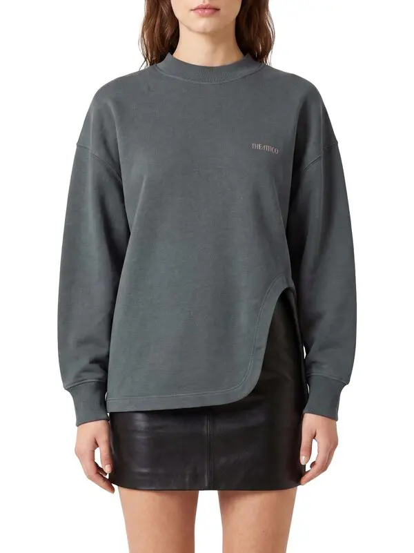 Attico Embroidered Logo Cotton Crewneck Sweatshirt With Side Slits - Green