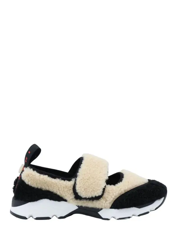 Marni Bicolour Shearling Mary Jane Sneakers With Velcro Strap Closure - Beige