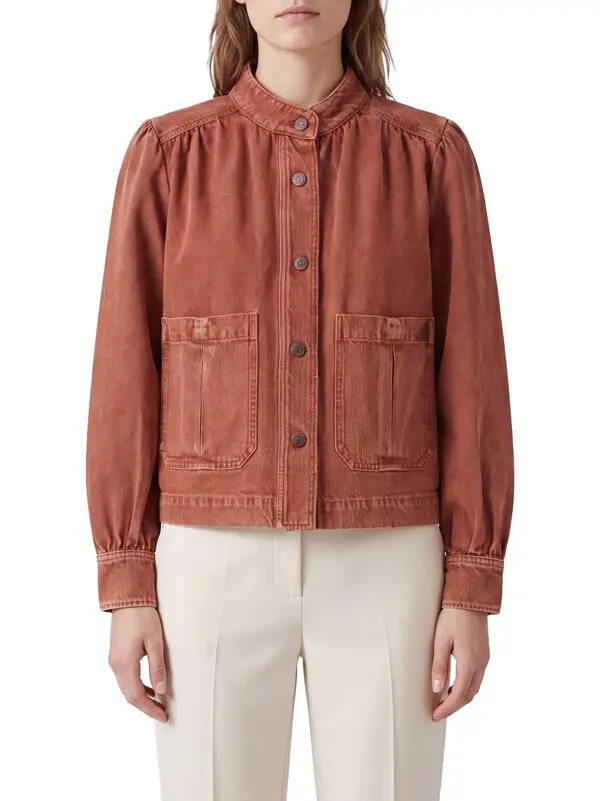 Chloé Cropped Denim Jacket With High Neck And Ruched Shoulders - Brown