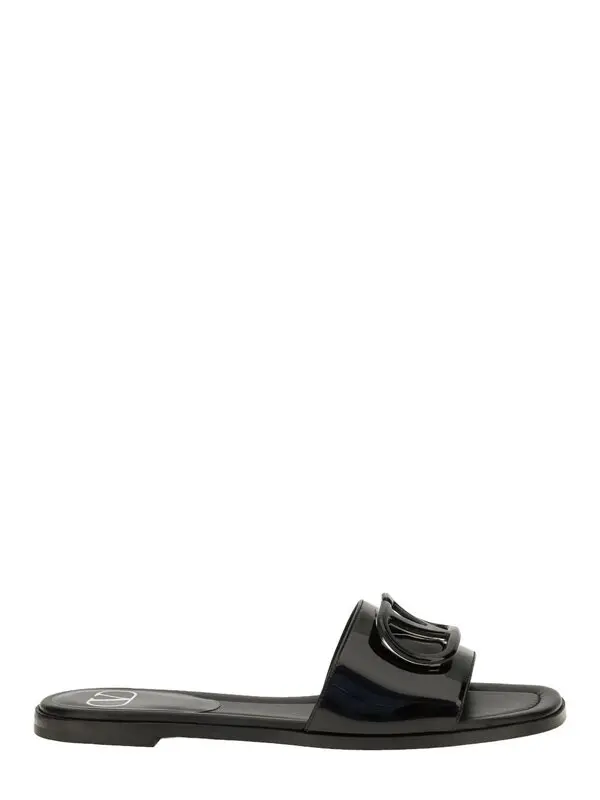 Valentino Garavani Vlogo Signature Patent Leather Low Heel Slide Sandals - Black