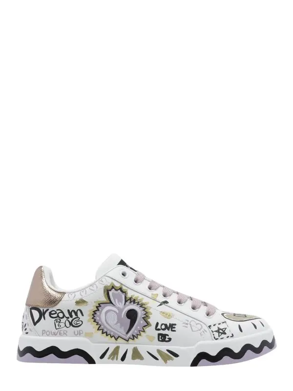 Dolce & Gabbana Portofino Calf Leather Sneakers With Graphic And Slogan Print - White