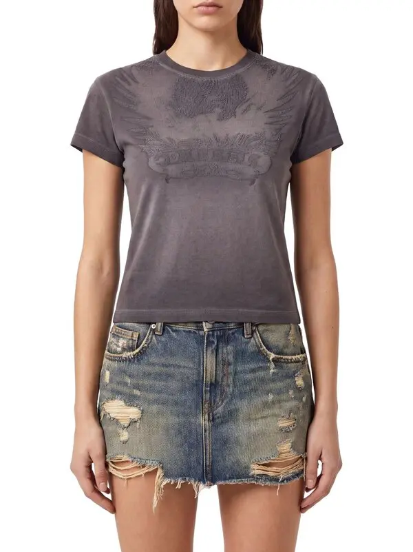 DIESEL® Slim Fit Cotton T-shirt With Embroidered Logo And Dévoré Details - Wine