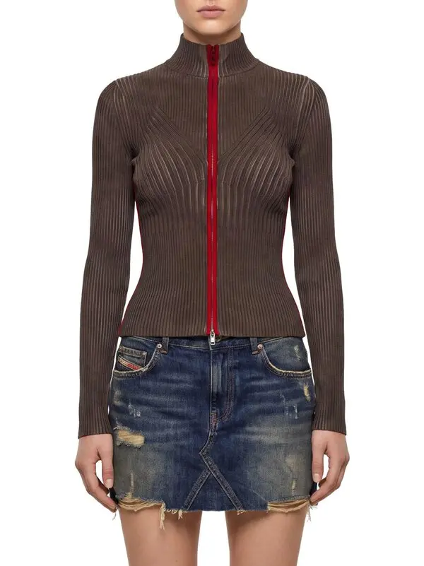 DIESEL® Slim Fit Ribbed Viscose Turtleneck Cardigan With Zip Closure - Brown
