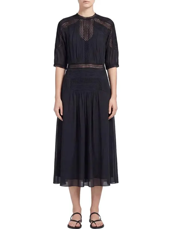 Isabel Marant Étoile Flared Midi Dress In Linen Blend With Lace Inserts - Black