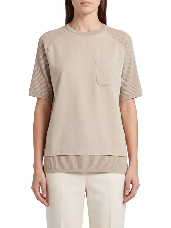 Max Mara Silk And Cashmere Crewneck T-shirt With Patch Pocket - Grey