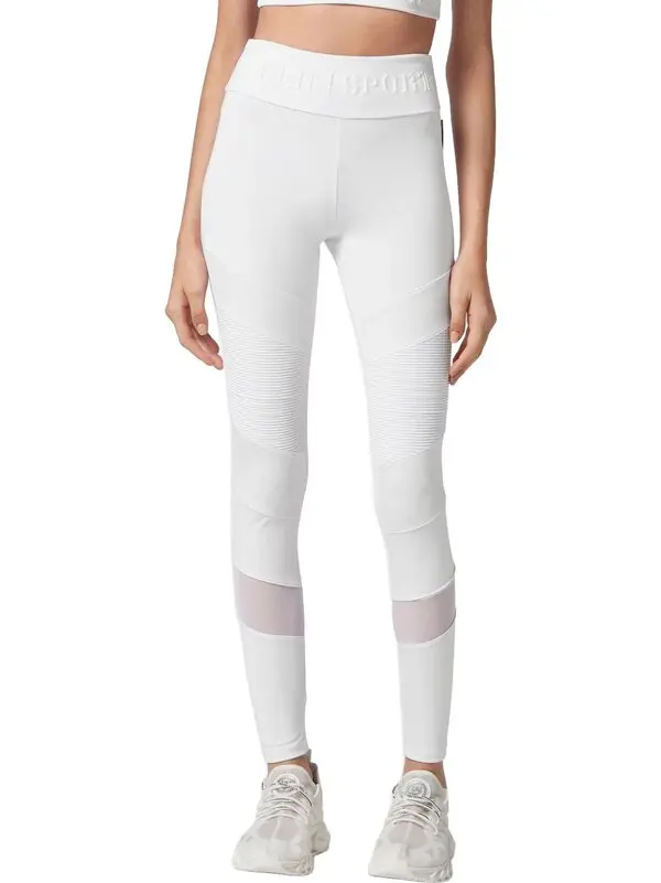 PLEIN SPORT High-waisted Stretch Technical Fabric Leggings With Mesh Inserts - White