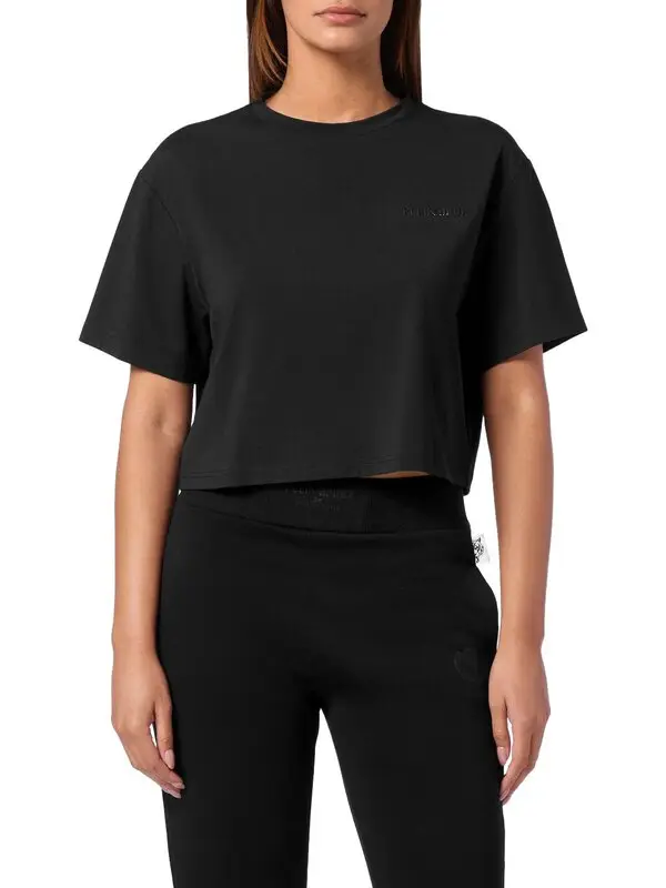 PLEIN SPORT Crewneck Cotton Jersey T-shirt With Dropped Shoulders - Black