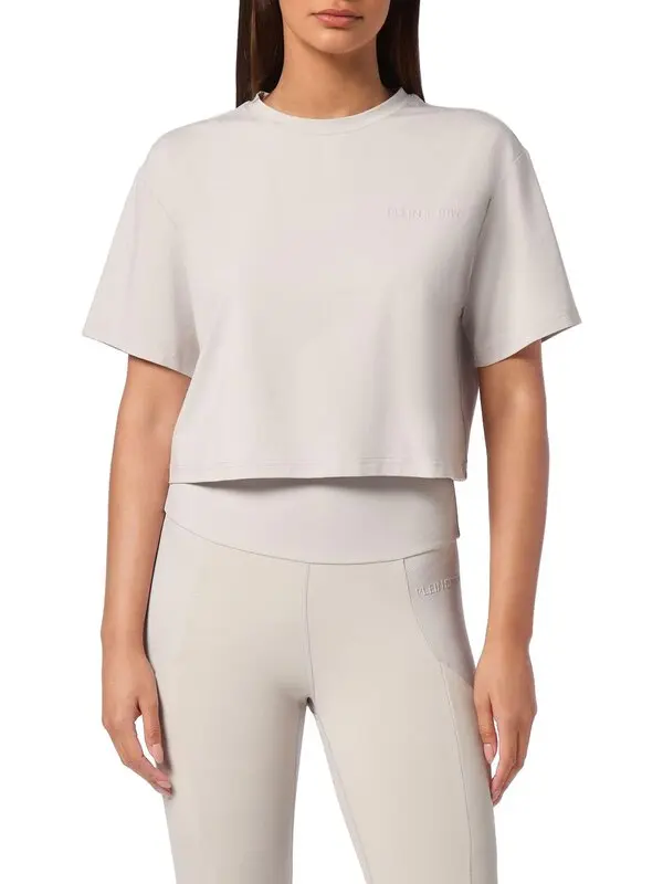 PLEIN SPORT Crewneck Cotton Jersey T-shirt With Dropped Shoulders - Grey