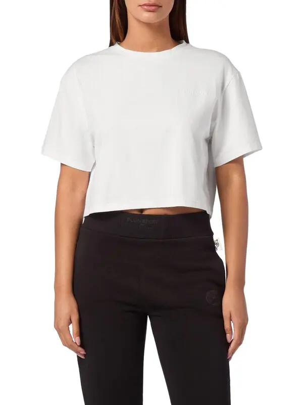 PLEIN SPORT Crewneck Cotton Jersey T-shirt With Dropped Shoulders - White