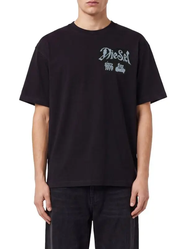 DIESEL® Relaxed Fit Cotton T-shirt With Graphic Print And Flocked Logo - Black