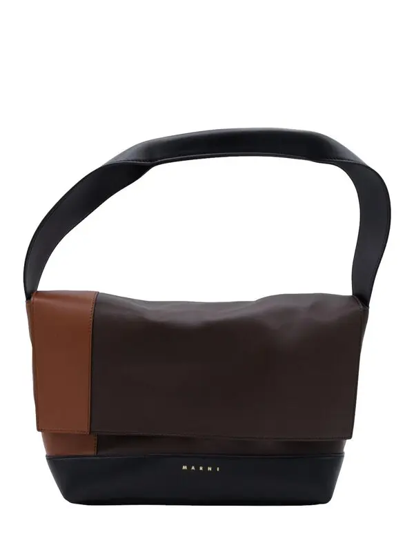 Marni Bi Calfskin Leather Shoulder Bag With Flap And Top Handle - Black