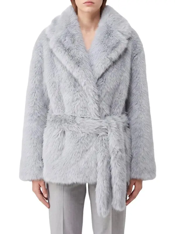 Pinko Robe Coat In Faux Fur With Belt And Classic Collar - Blue