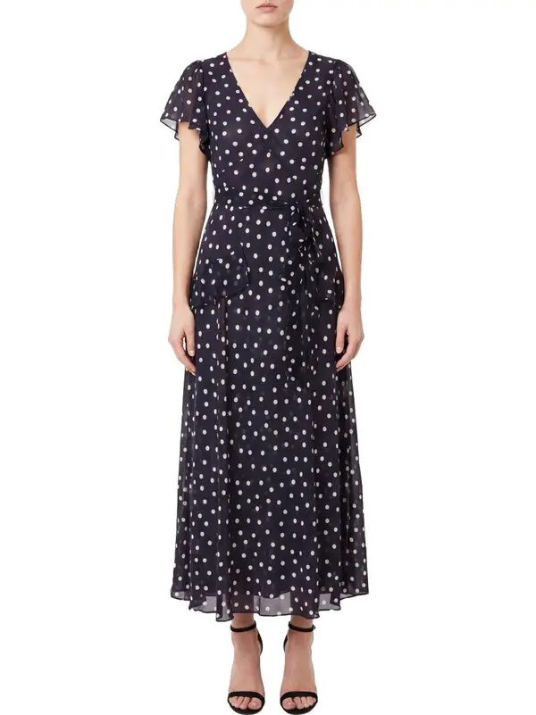 Rixo Polka Dot Silk Midi Dress With Waist Tie - Blue