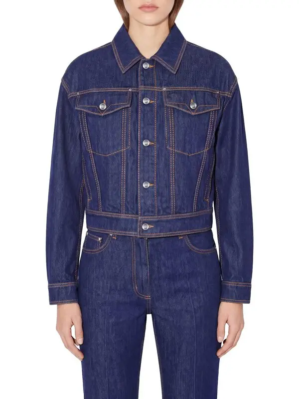Versace Cotton Denim Jacket With Contrast Stitching And Patch Pockets - Blue