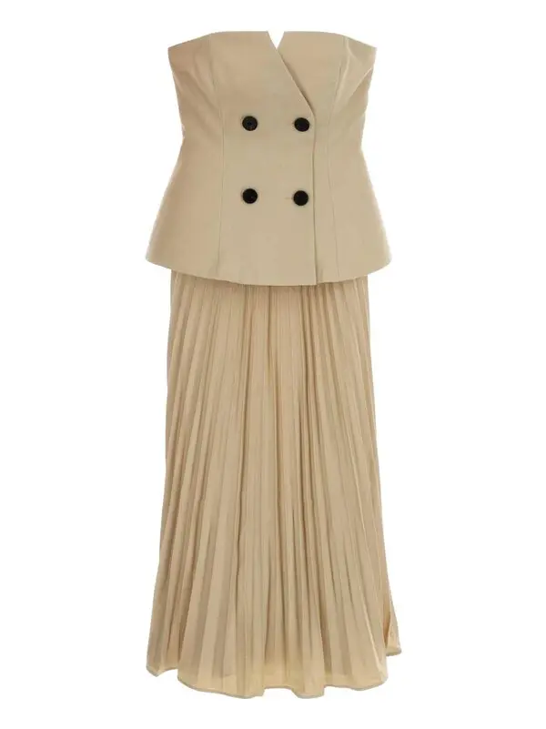 SELF-PORTRAIT Beige Stretch Gabardine Dress With Pleated Skirt - Brown