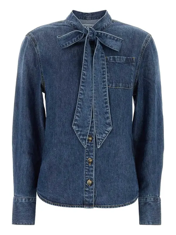 SELF-PORTRAIT Denim Shirt With Bow Detail - Blue