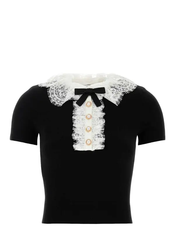 SELF-PORTRAIT Wool Top With Lace Collar And Bow Detail - Black