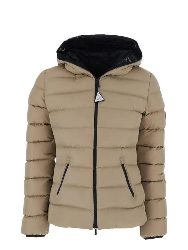 Moncler Beige Down Jacket With Hood And Logo Patch - Multicolor