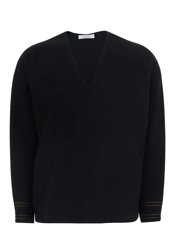Max Mara Long Sleeve V-neck Top In Black Tech Fabric - Multicolor