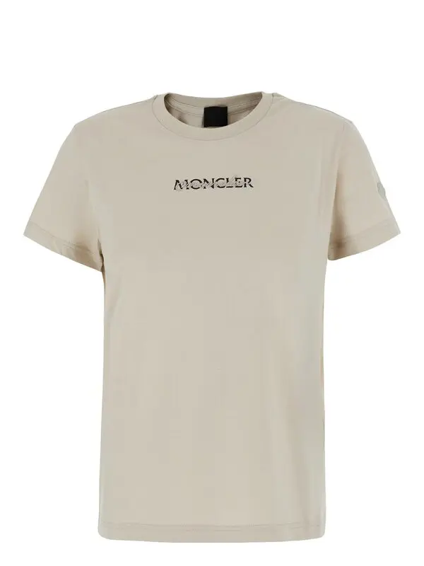 Moncler Crew Neck T-shirt With Logo Lettering On The Front And Logo Patch On The Sleeve In Cotton For - White