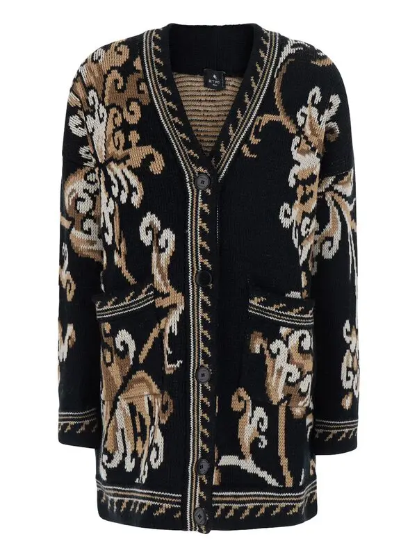 Etro Black Embroidered Wool Cardigan With V-neck - Multicolor