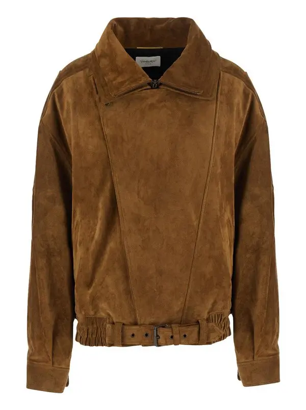 Saint Laurent Suede Jacket With Classic Collar And Belt - Multicolor