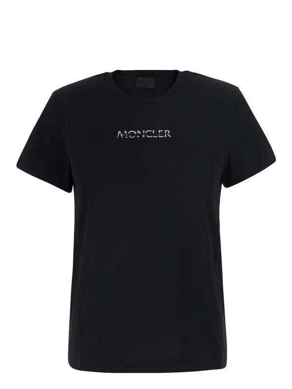 Moncler Crew Neck T-shirt With Logo Lettering On The Front And Logo Patch On The Sleeve In Cotton For - Black