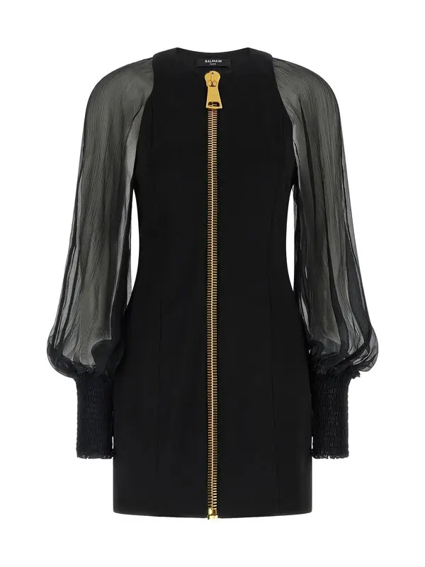 Balmain Mini Dress With Gold Xl Zip And Sheer Sleeves - Black
