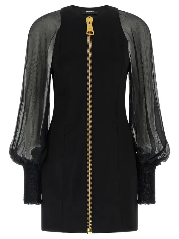 Balmain Mini Dress With Gold Xl Zip And Sheer Sleeves - Black