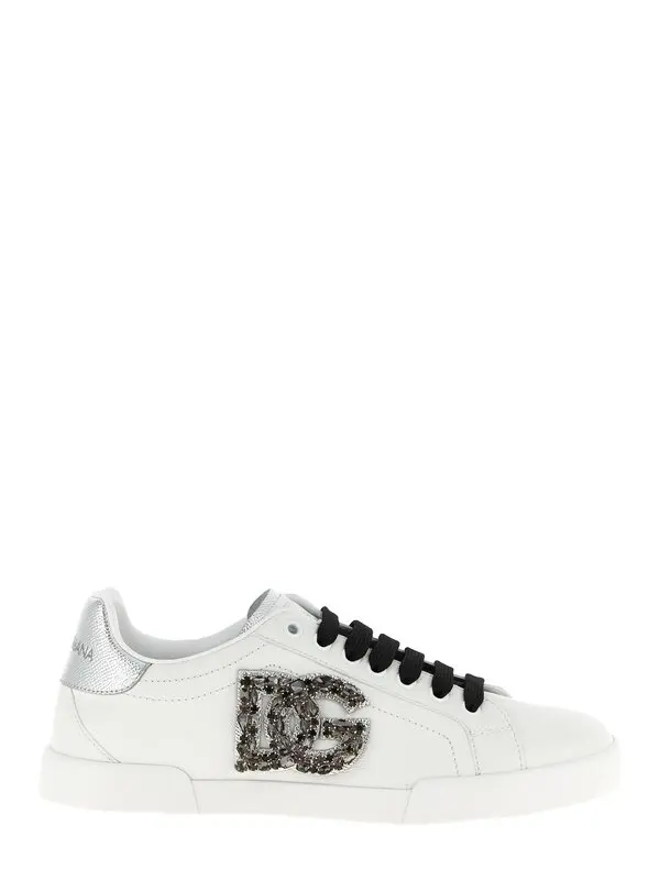 Dolce & Gabbana Portofino' Embellished Calfskin Leather Sneakers - Silver