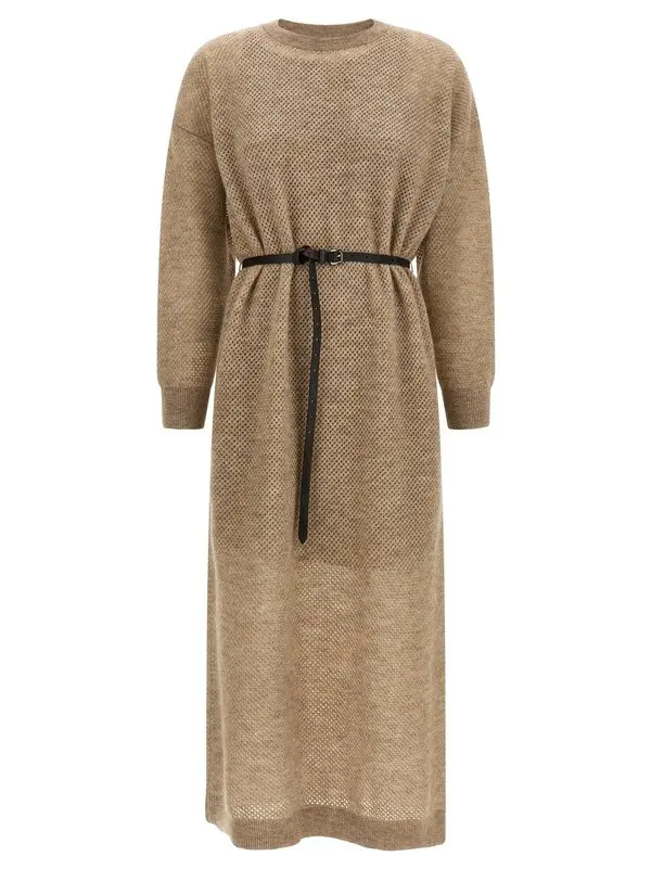 Brunello Cucinelli Sparkling Mohair Wool Blend Midi Dress - Cream