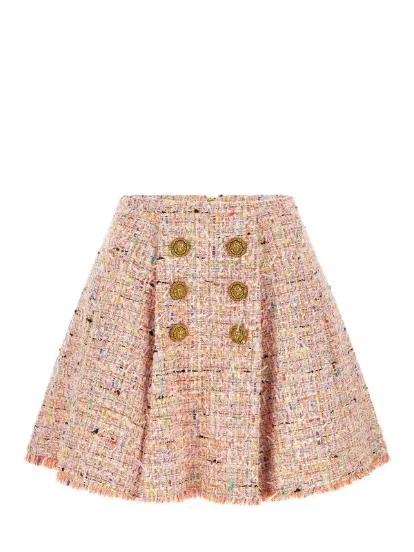 Balmain Skater" Tweed Skirt With Gold Lion Head Buttons - Pink