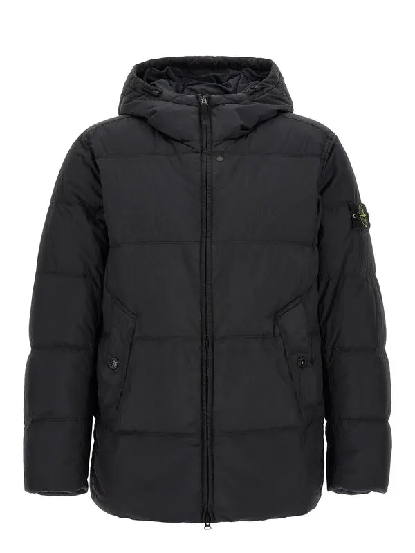 Stone Island Down Jacket With Ruffled Effect And Integrated Hood - Blue