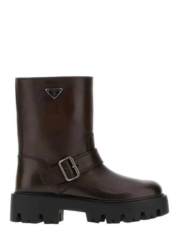 Prada Leather Ankle Boots With Buckle Detail - Brown