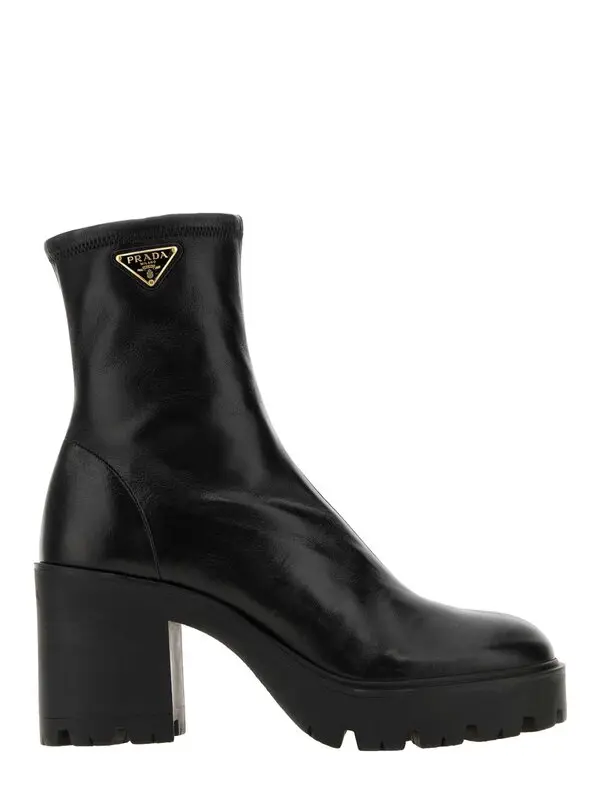 Prada Leather Ankle Boots With High Heel - Black