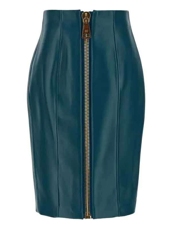 Balmain High-waisted Leather Pencil Skirt With Xl Zip - Blue
