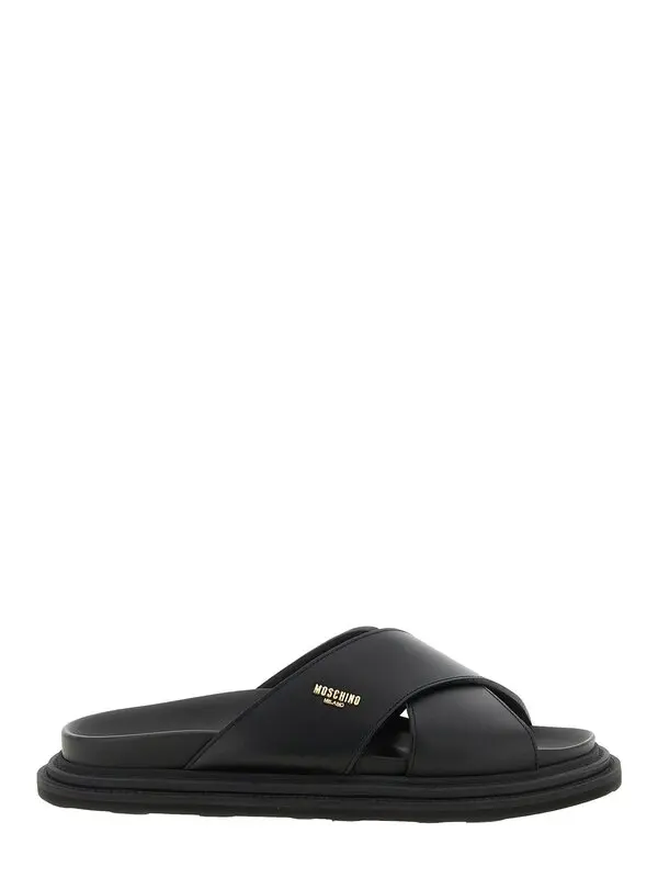 Moschino Leather Sabots With Logo Detail - Black
