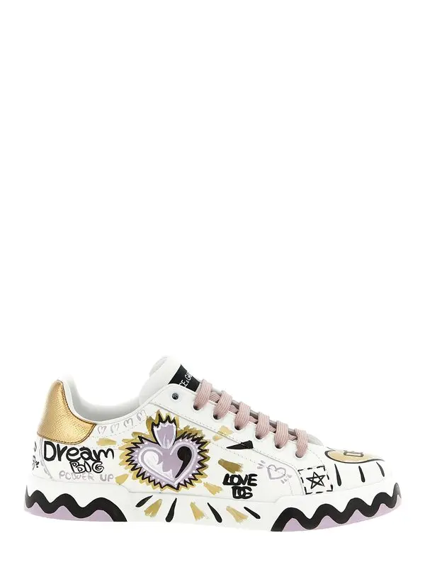 Dolce & Gabbana White Calfskin 'portofino' Sneakers With Graffiti Detailing - Multicolor