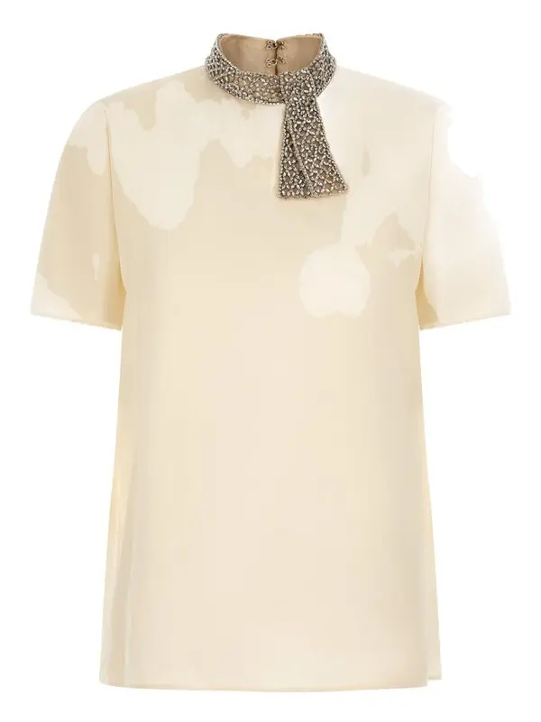 Valentino Garavani Embellished Jewel Collar Silk Top - White