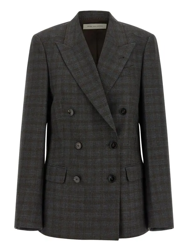 Dries Van Noten Barrysta' Abstract Check Wool Double-breasted Blazer - Gray