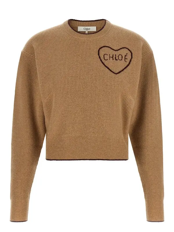 Chloé Heart Intarsia Crew Neck Sweater - Cream