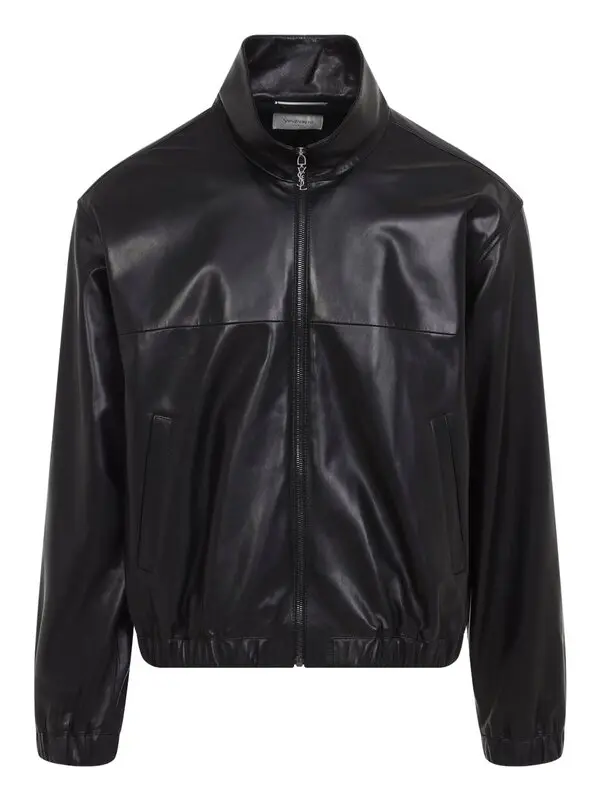 Saint Laurent Leather Bomber Jacket With Cassandre Detail - Black