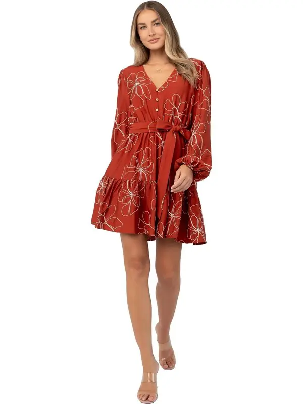 BLUE BLUSH Elspeth Floral Print V-neck Balloon Sleeve Mini Dress - Rust Floral