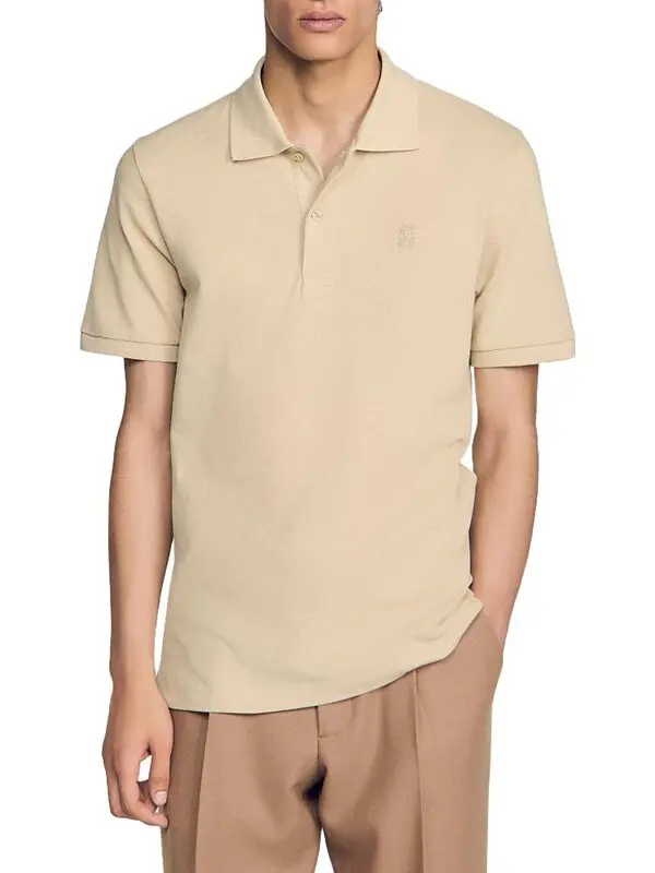 Sandro Mesh Cotton Polo Shirt With Leather Logo Patch - Beige