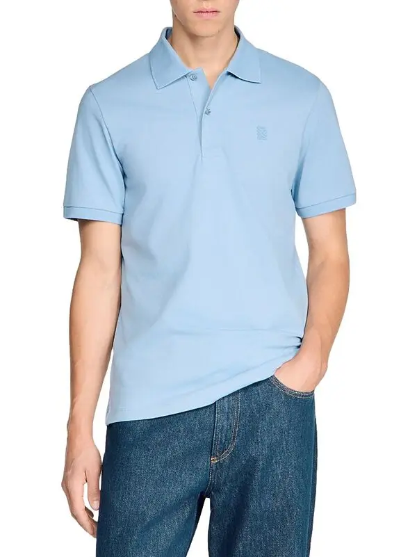 Sandro Mesh Cotton Polo Shirt With Leather Logo Patch - Blue Grey