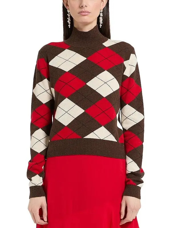 Marella Argyle Wool Cashmere Turtleneck Sweater - Red