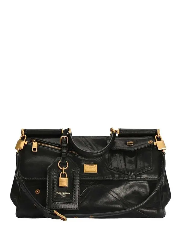 Dolce & Gabbana Biker Patch Calfskin My Sicily Medium Handbag - Black