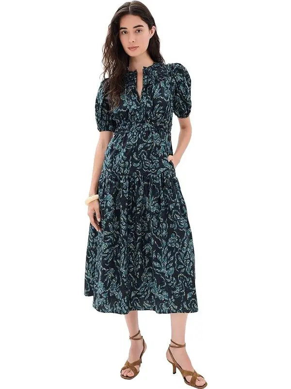 Ulla Johnson Othella Short Sleeve Botanical Print Cotton Dress - Midnight