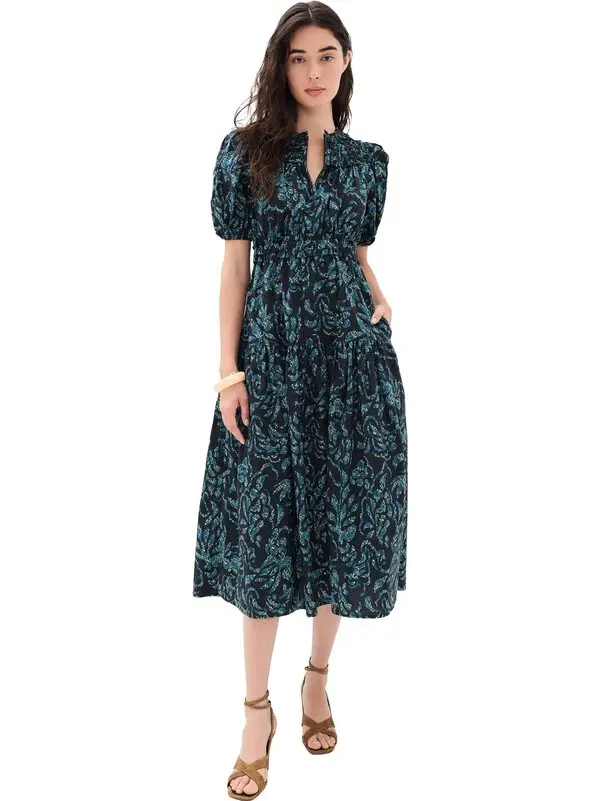 Ulla Johnson Othella Short Sleeve Botanical Print Cotton Dress - Midnight