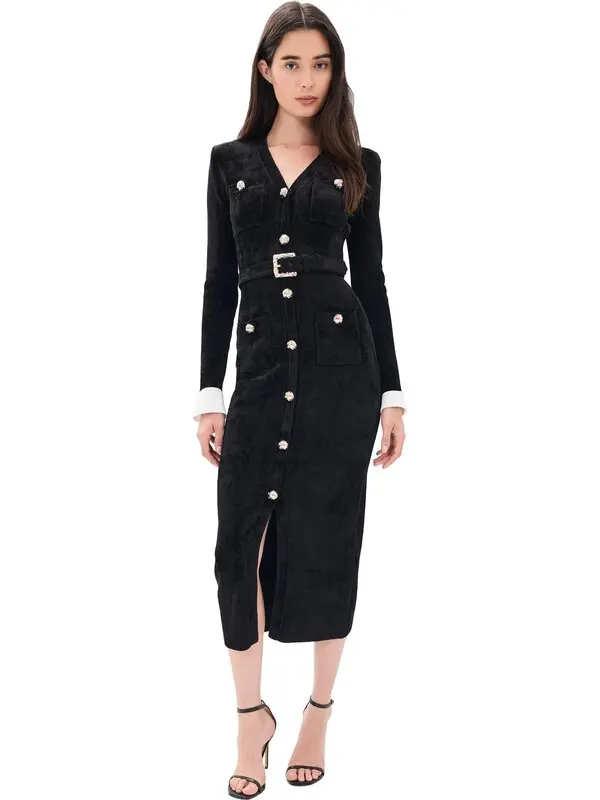 SELF-PORTRAIT Chenille Knit Midi Dress With Embellished Buttons - Black